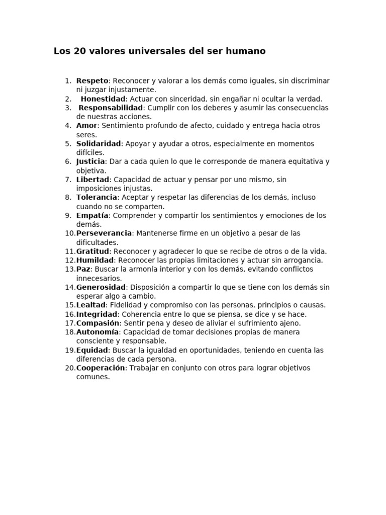 20 Valores Universales del Ser Humano | PDF