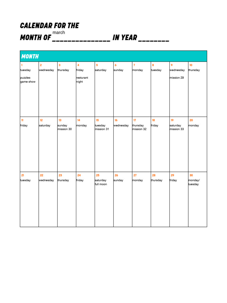 March Calendar with Events and Missions | PDF