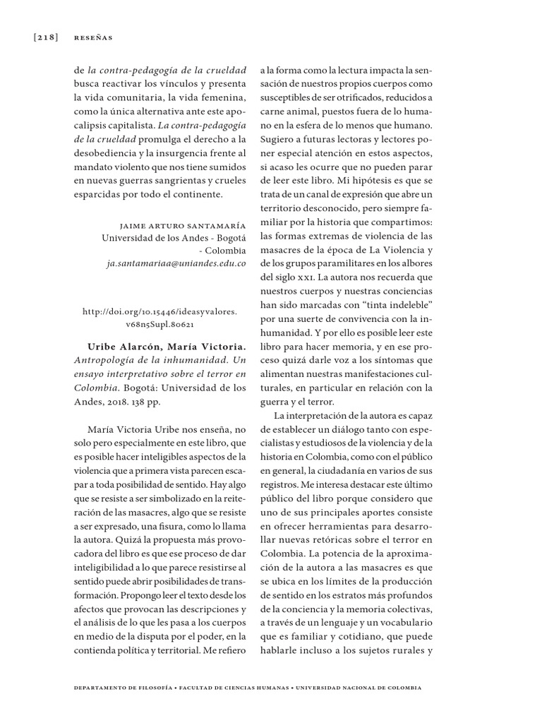 Uribe Alarcon Maria Victoria Antropologia de La in | PDF | Violencia