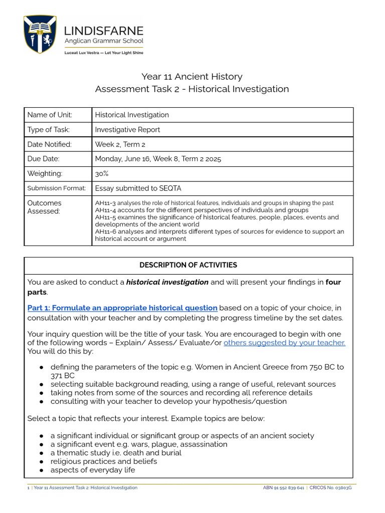 Year 11 Ancient History Investigation Guide | PDF | Essays | Cognition