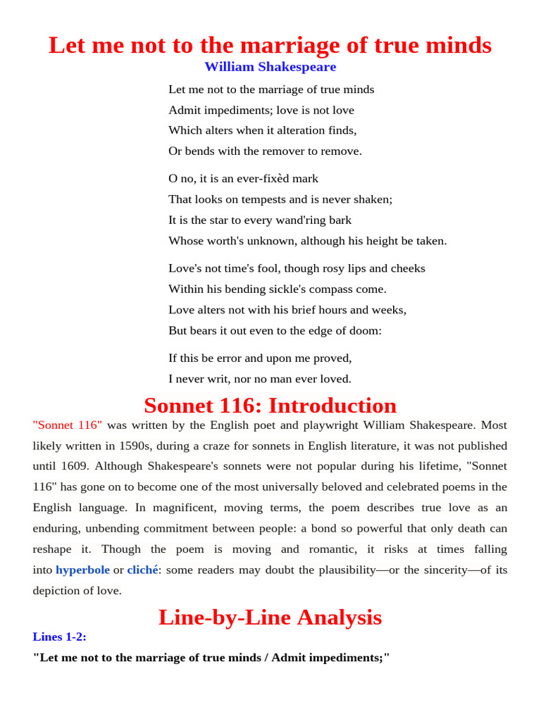 Let Me Not To The Marriage of True Minds by Shakespeare | PDF | Sonnets