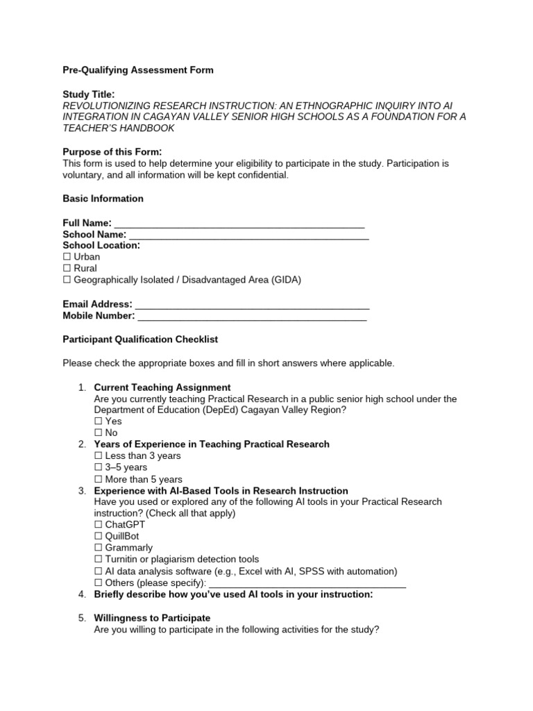 J ATANACIO Pre-Qualifying Assessment Form | PDF | Turnitin | Learning