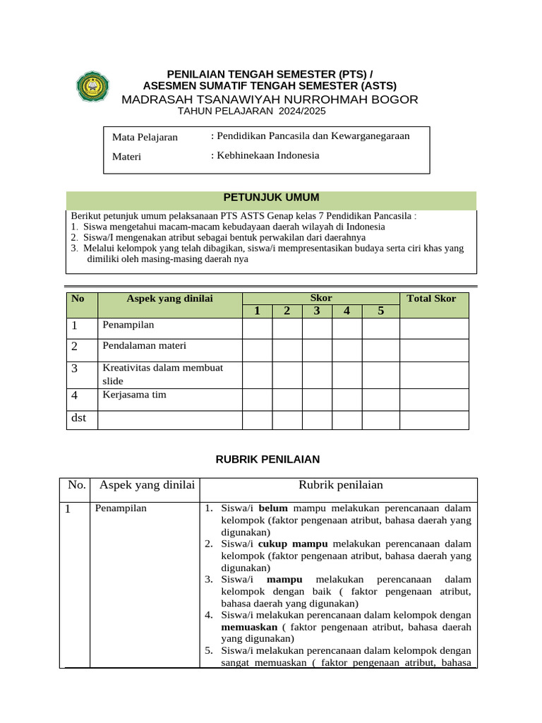 PTS ASTS Genap 2025 PKN Kelas 7 | PDF