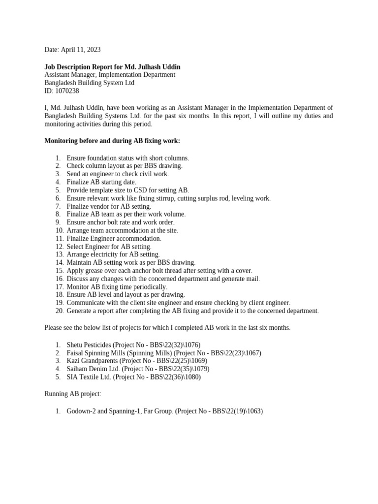 Job Description Report for Md. Julhash Uddin | PDF