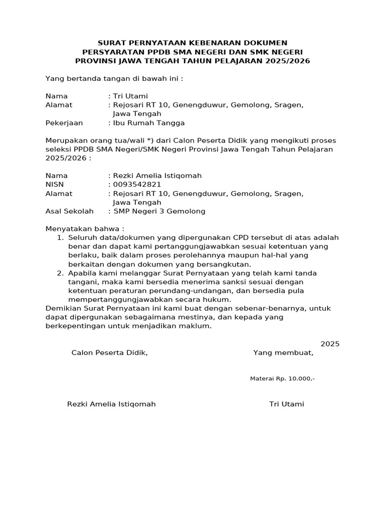 Surat Pernyataan Kebenaran Dokumen | PDF
