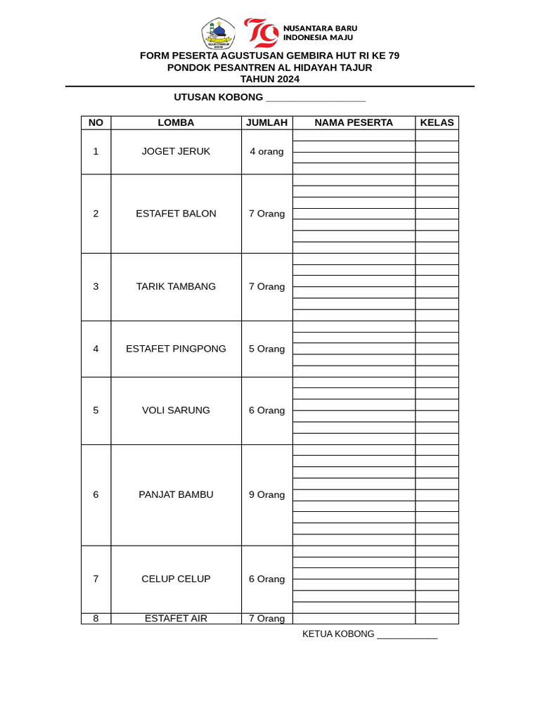 Form Peserta Agustusan Gembira Hut Ri Ke 79 | PDF