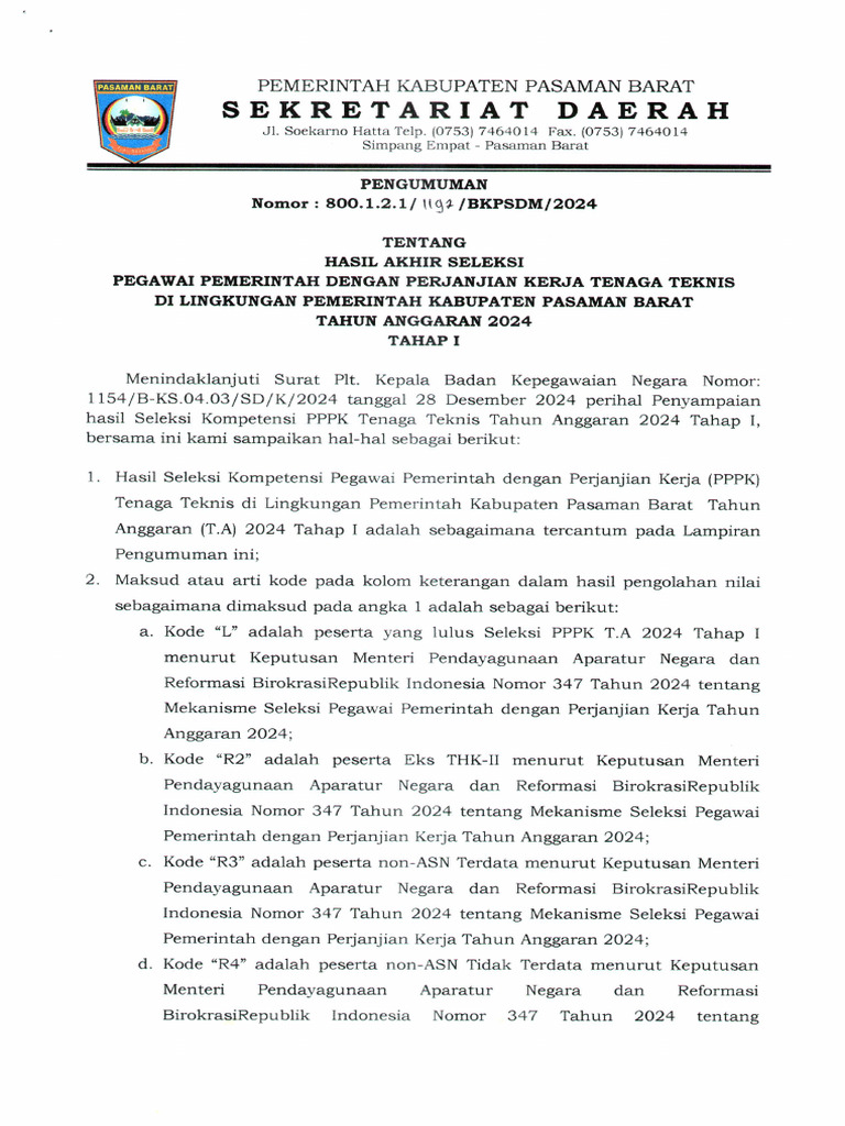 Pengumuman Hasil Akhir Tahap 1 | PDF