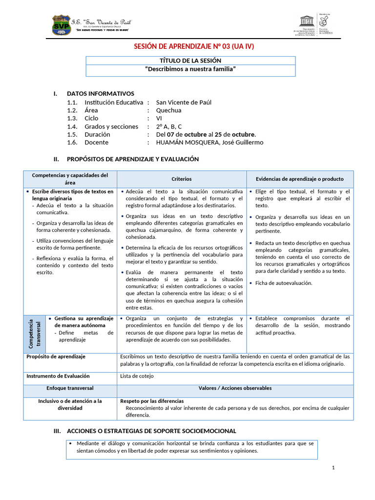Sesión de Aprendizaje 03 (Ua Iv) Quechua 2° | PDF | Oración (Lingüística) | Verbo