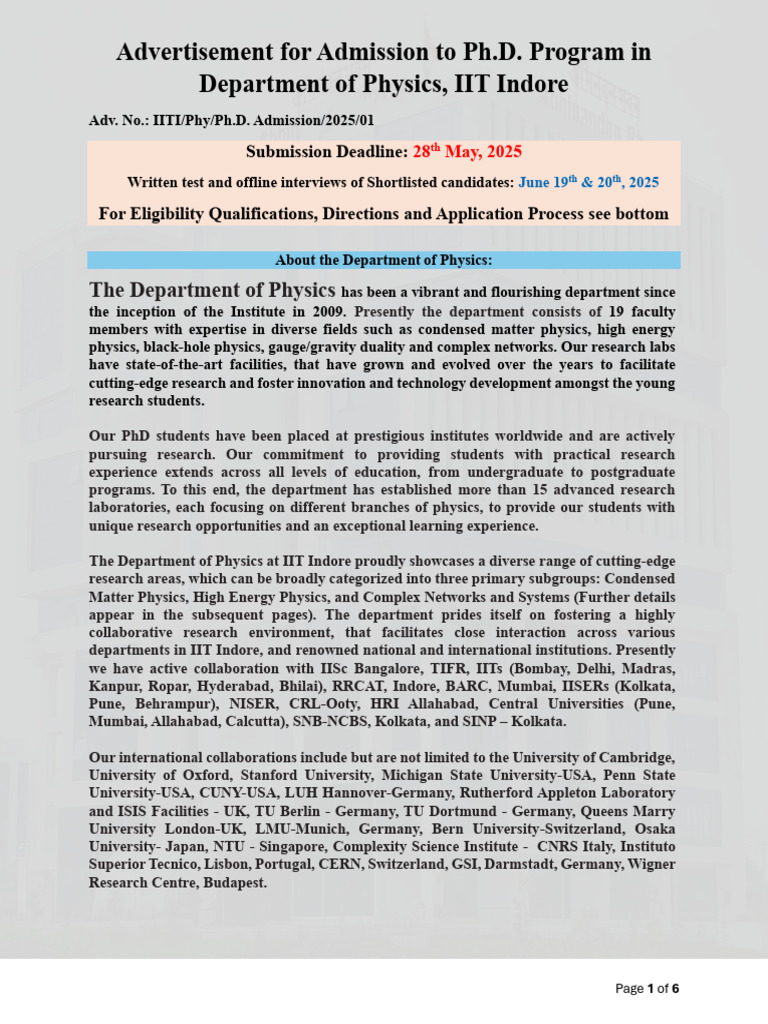 Phy - PHD Advertisement Feb 2025 - Updated | PDF | String Theory | Physics