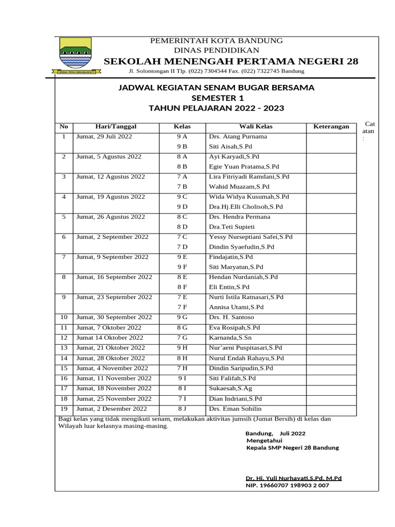 Jadwal Kegiatan Senam Bersama S-1 2022-2023 | PDF