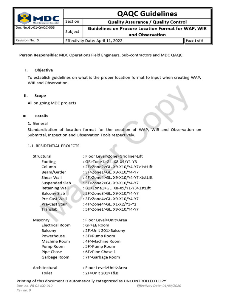 GL-01-QAQC-003-Rev.0 Guidelines On Procore Location Format For WAP, WIR and Observation | PDF ...