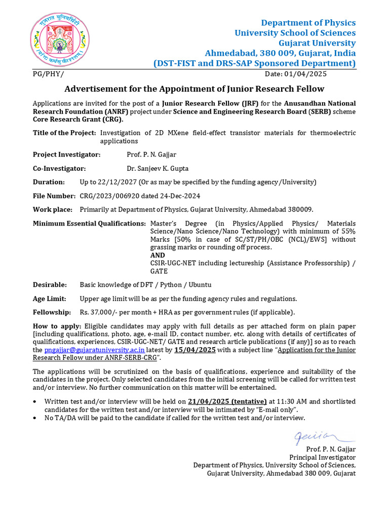 JRF Position for ANRF-SERB Project 2025 | PDF
