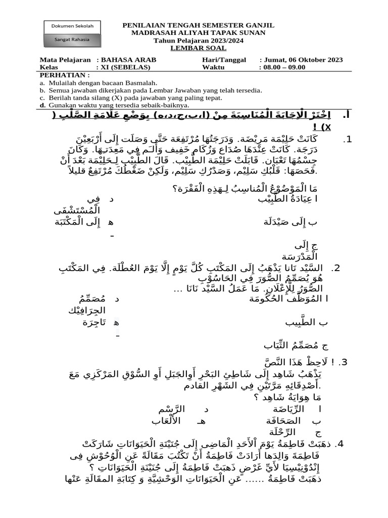 Soal Bahasa Arab Xi PTS Ganjil Ok | PDF