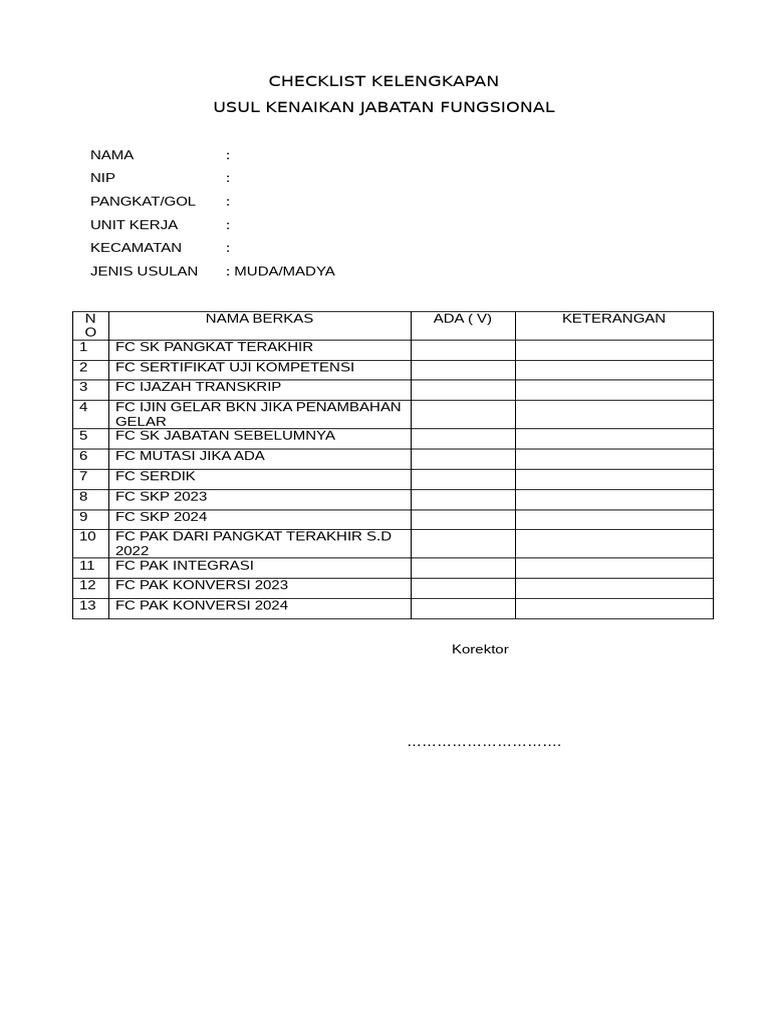 Checklist Jabfung Kenaikan | PDF