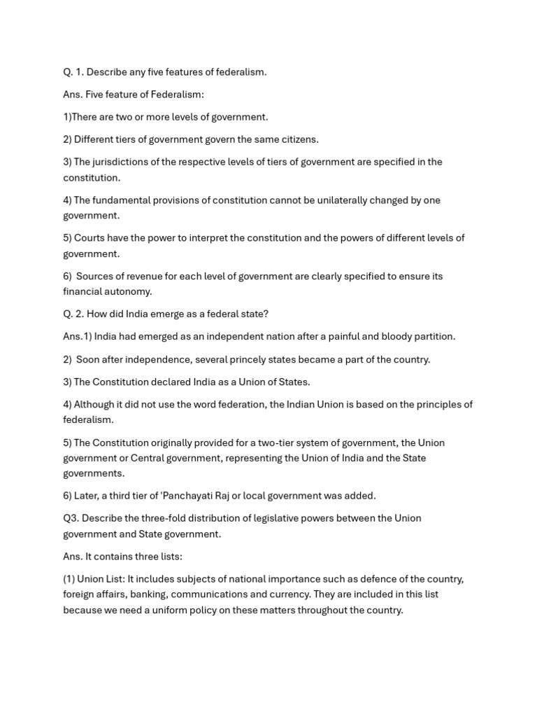 Civics Federalism Important Questions | PDF | Federation | Governance