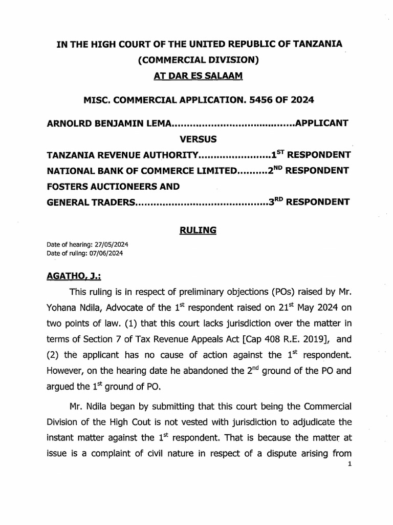 Arnolrd Benjamin Lema Versus Tanzania Revenue Authority & Others | PDF ...