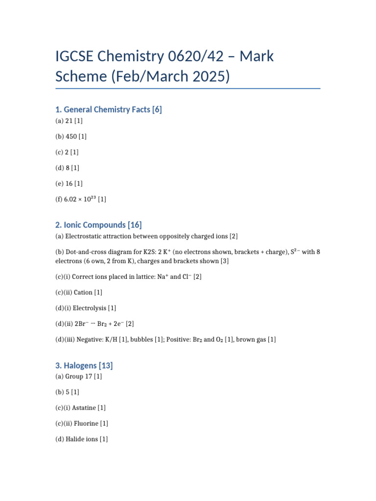 IGCSE Chemistry 0620/42 Mark Scheme | PDF