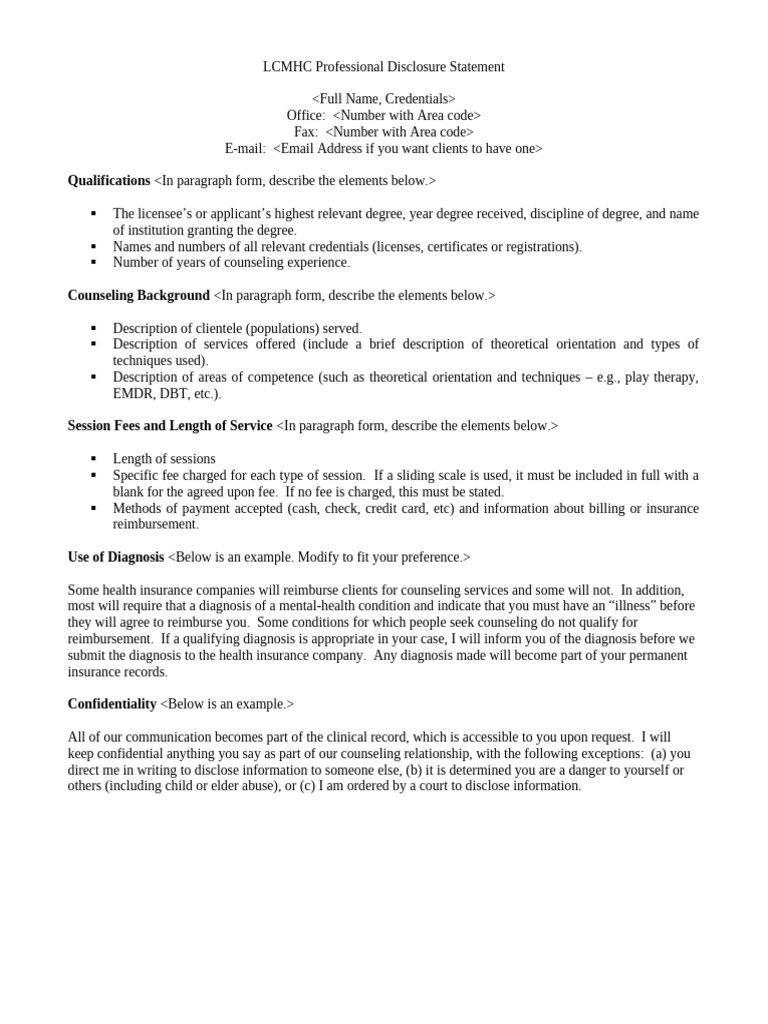 Template For LCMHC Professional Disclosure Statement | PDF | Medical Diagnosis | Insurance