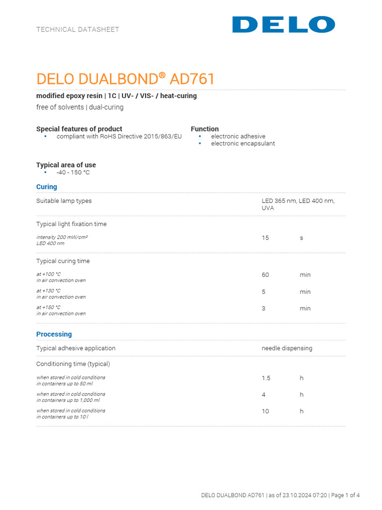 DELO DUALBOND AD761 Technical Datasheet | PDF | Adhesive | Heat