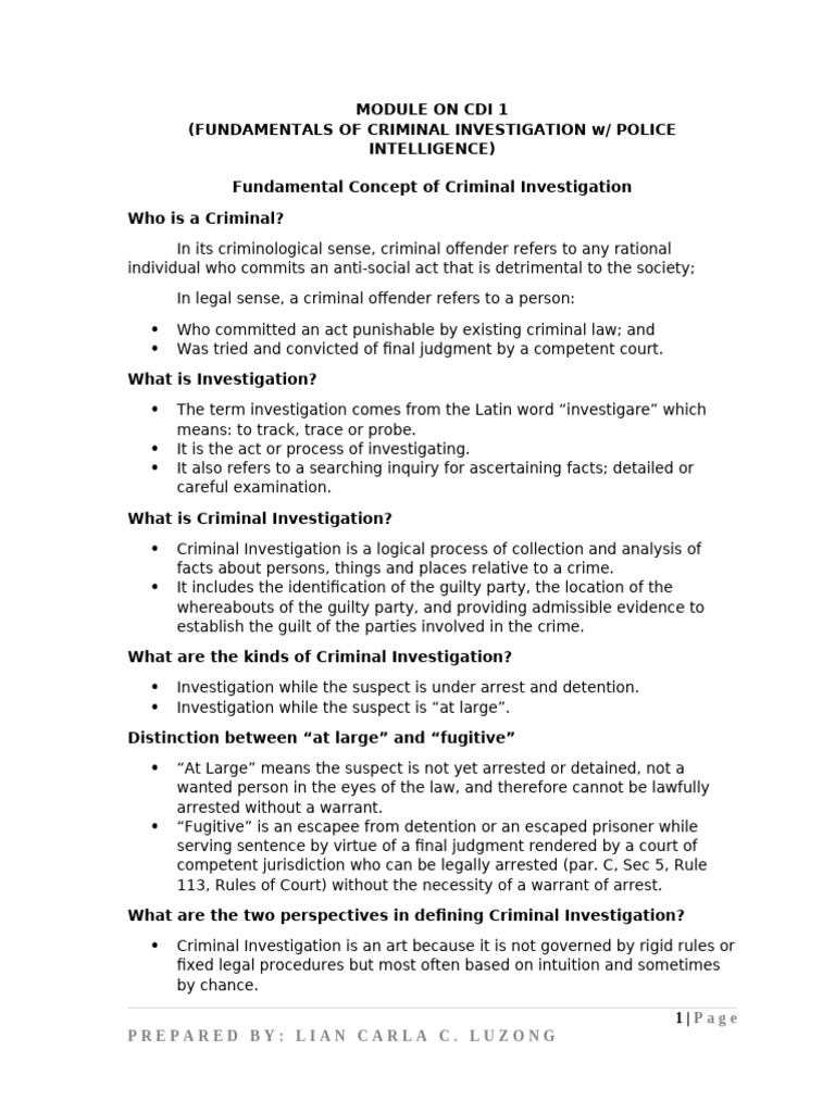 Cdi 1 (Fundamentals of Criminal Investigation With Police Intelligence ...