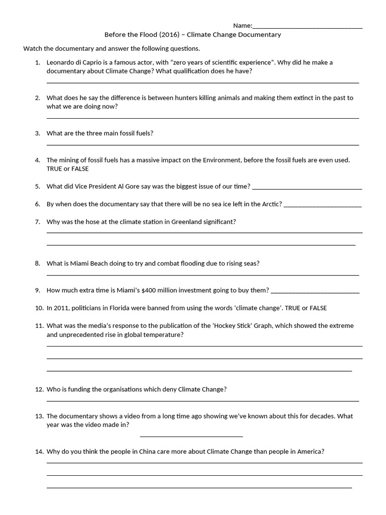 Before The Flood Documentary Worksheet - Student | PDF | Climate Change ...
