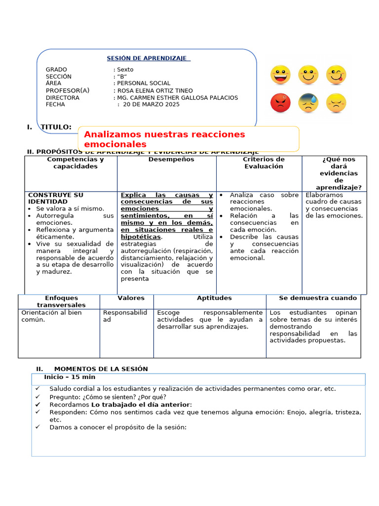 Sesion de Aprendizaje 20-03 | PDF | Las emociones | Aprendizaje