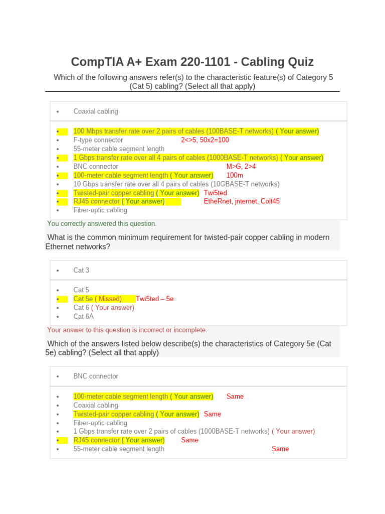 CompTIA A+ Exam 220-1101 - Cabling Quiz | PDF | Telecommunications ...