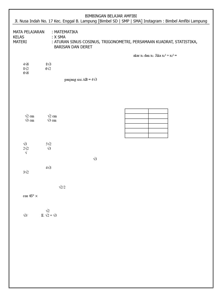 Latihan - Soal - Kelas - X (Aturan Sinus Cosinus, Trigonometri, Persamaan Kuadrat, Stat | PDF