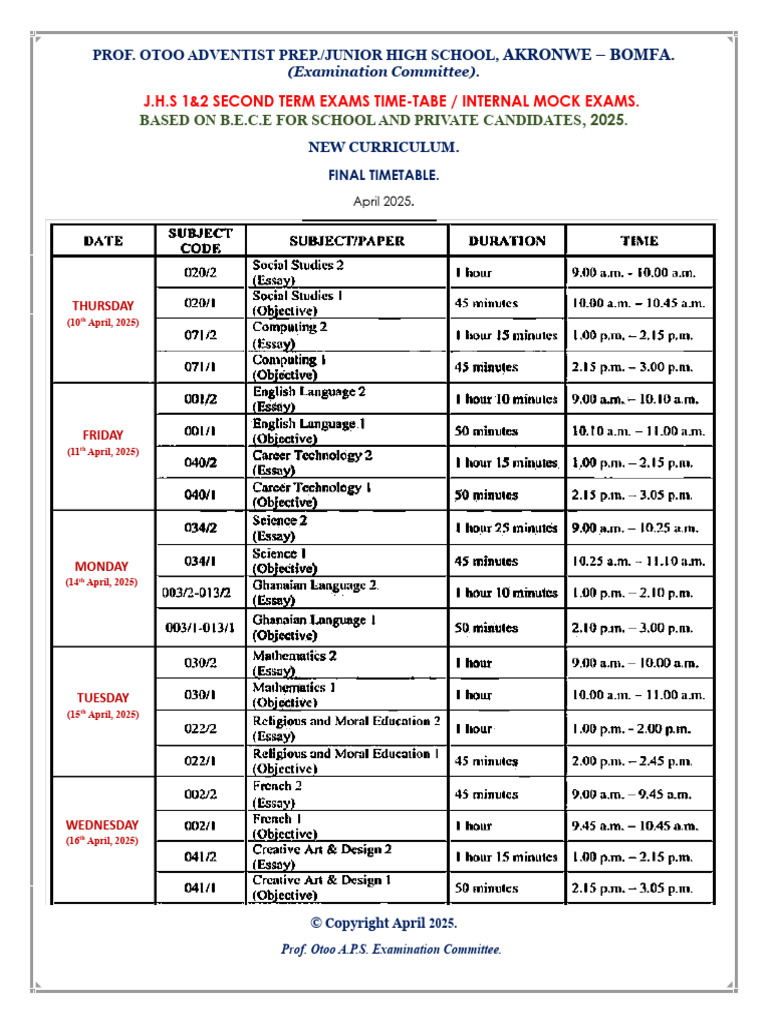 JHS 1-3 Timetable | PDF