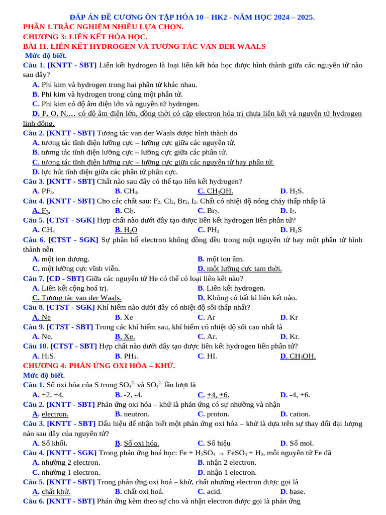 Dap Án - Đề Cương Hóa 10- Hk2 - 2024-25 | PDF