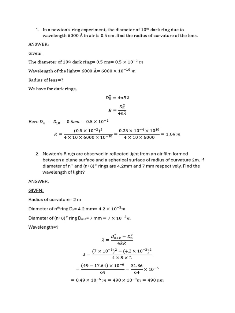 Solution - Newtons Ring Problems | PDF | Radiation | Atomic