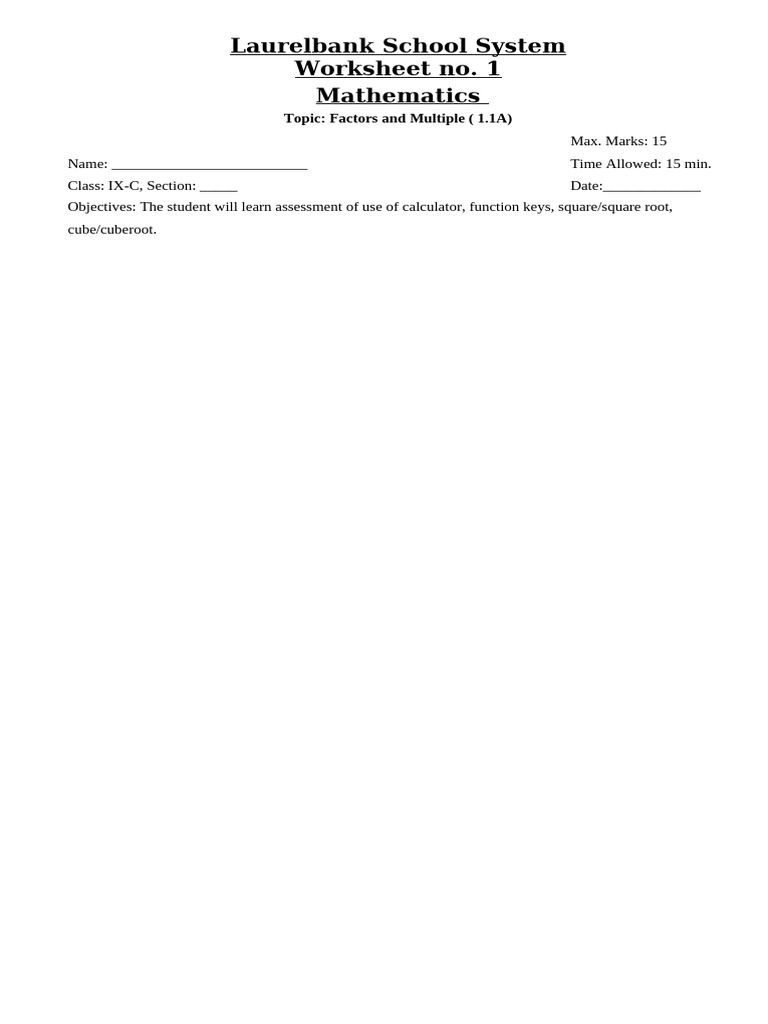 Worksheet Math Grade IX-C | PDF