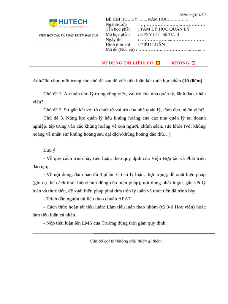 EPSY117_De thi tieu luan- TLH quan ly | PDF
