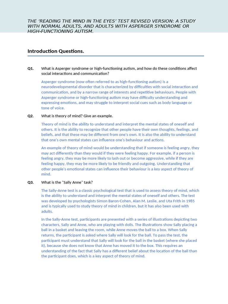 Answers Baron Cohen Et Al. Workbook | PDF | Cognition | Theory Of Mind