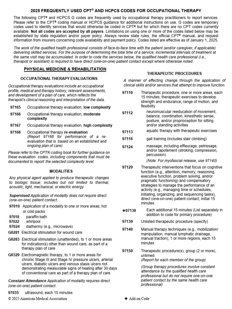 2025 Frequently Used OT CPT and HCPCS Codes | PDF | Occupational ... 2025 Frequently Used OT CPT and HCPCS Codes | PDF | Occupational ...