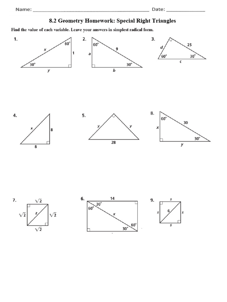 8.2 Geometry Adv Homework Special Right Triangles | PDF