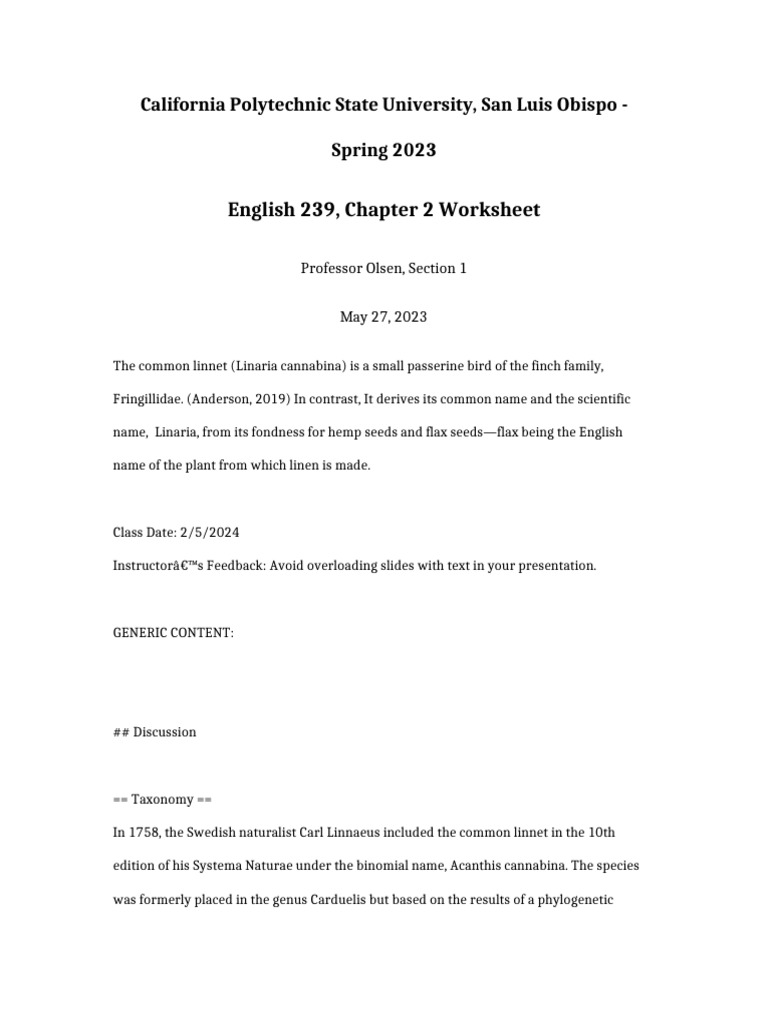 English 239 Chapter 2 Worksheet | PDF | Birds