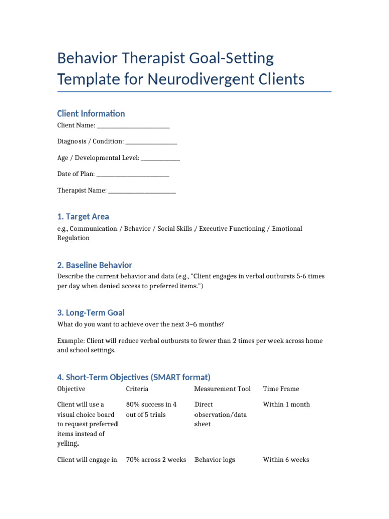 Goal-Setting Template for Behavior Therapy | PDF