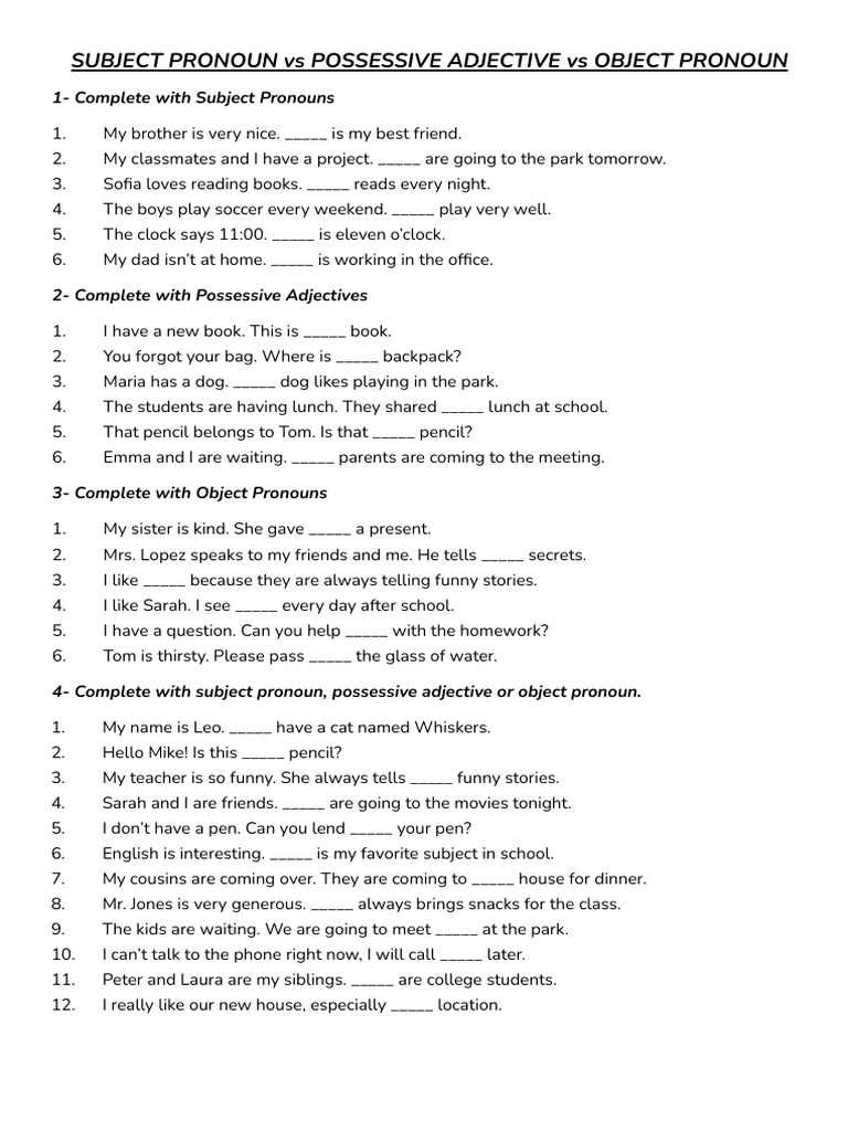 SUBJECT PRONOUN Vs POSSESSIVE ADJECTIVE Vs OBJECT PRONOUN | PDF