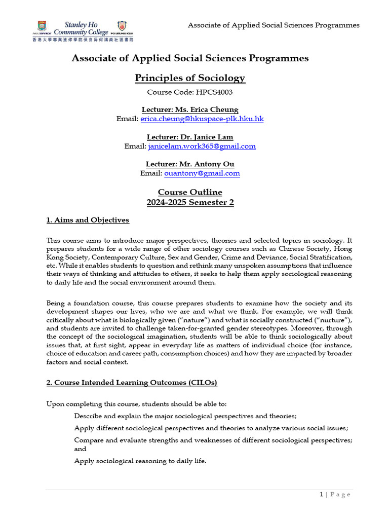 Principles of Sociology Course Outline | PDF | Sociology | Social Sciences