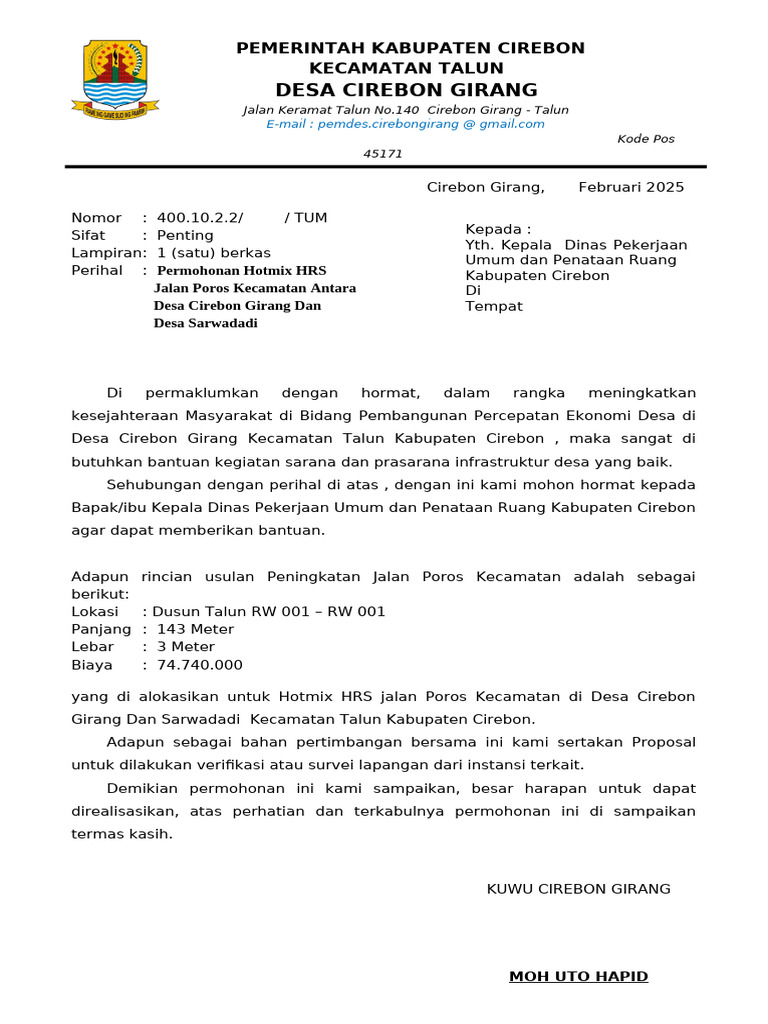 Permohonan Hotmix Jalan Desa Cirebon Girang | PDF