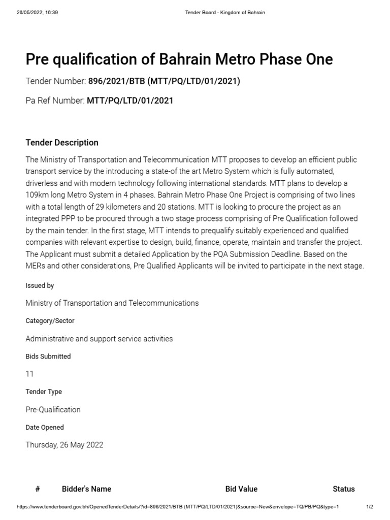 Bahrain Metro Phase One Pre-Qualification | PDF