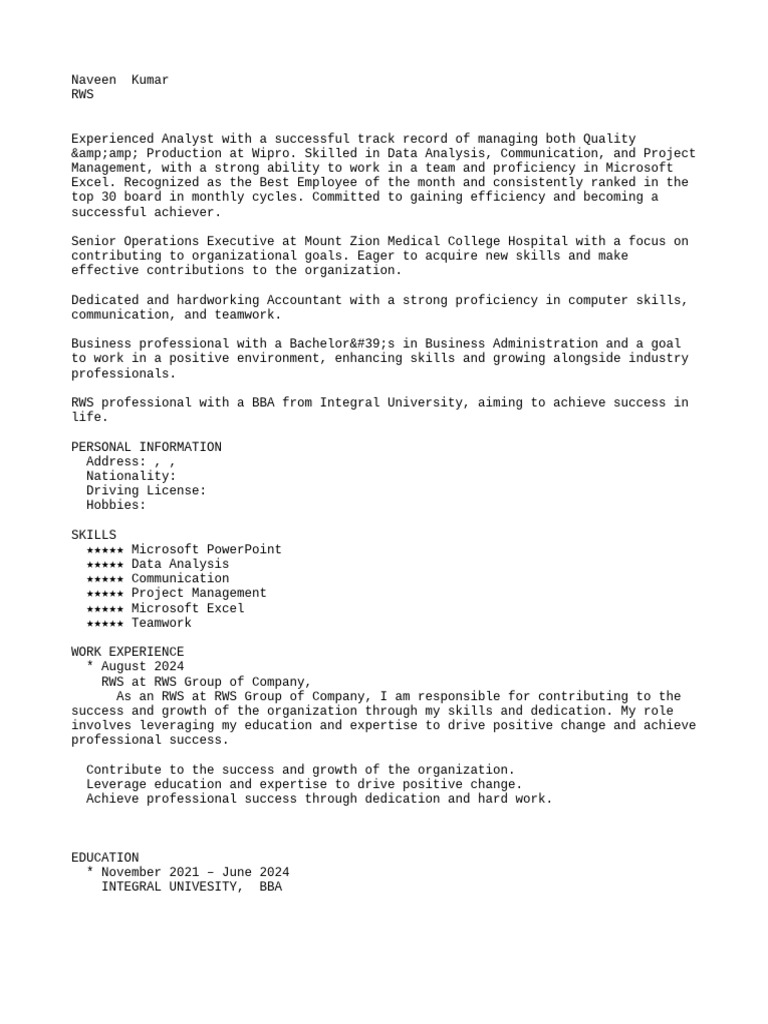 Naveen Kumar - Resume - RWS | PDF