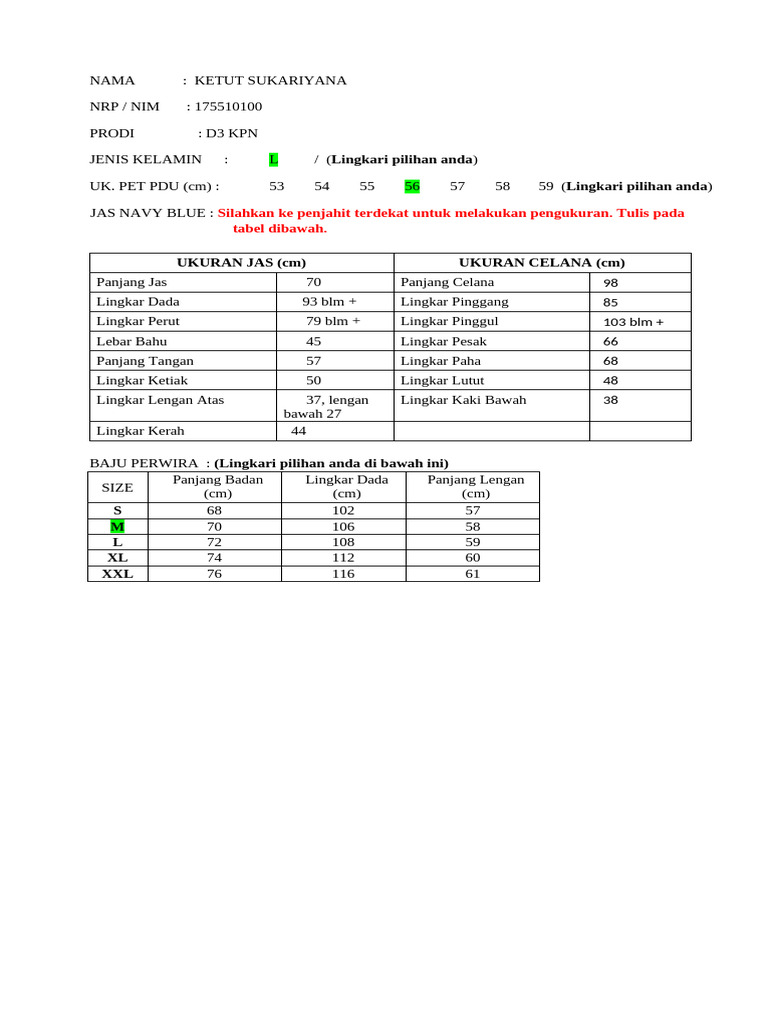 Form Ukuran Baju Jas Celana Wisuda Unimar Amni 2020 | PDF