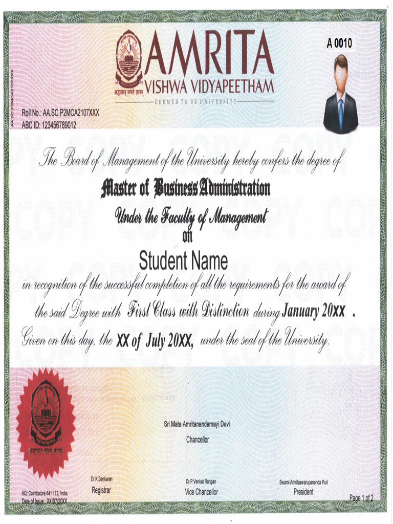 Degree Certificate - MBA - Sample | PDF
