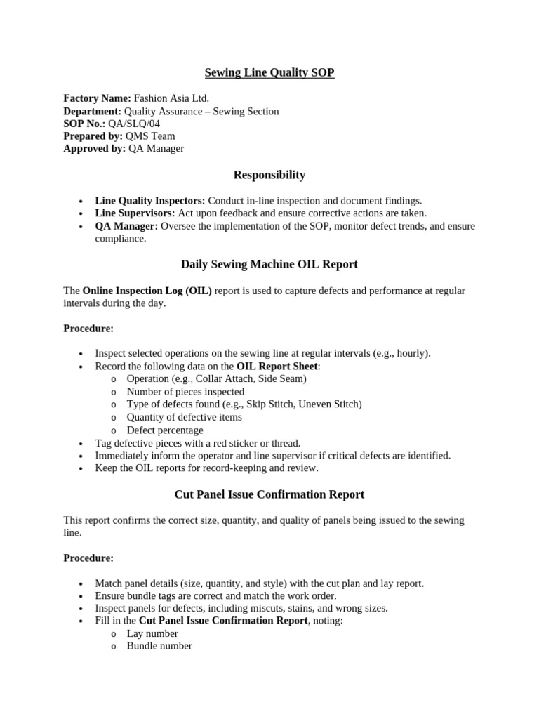 Sewing Line Quality Control SOP | PDF | Sewing | Seam (Sewing)