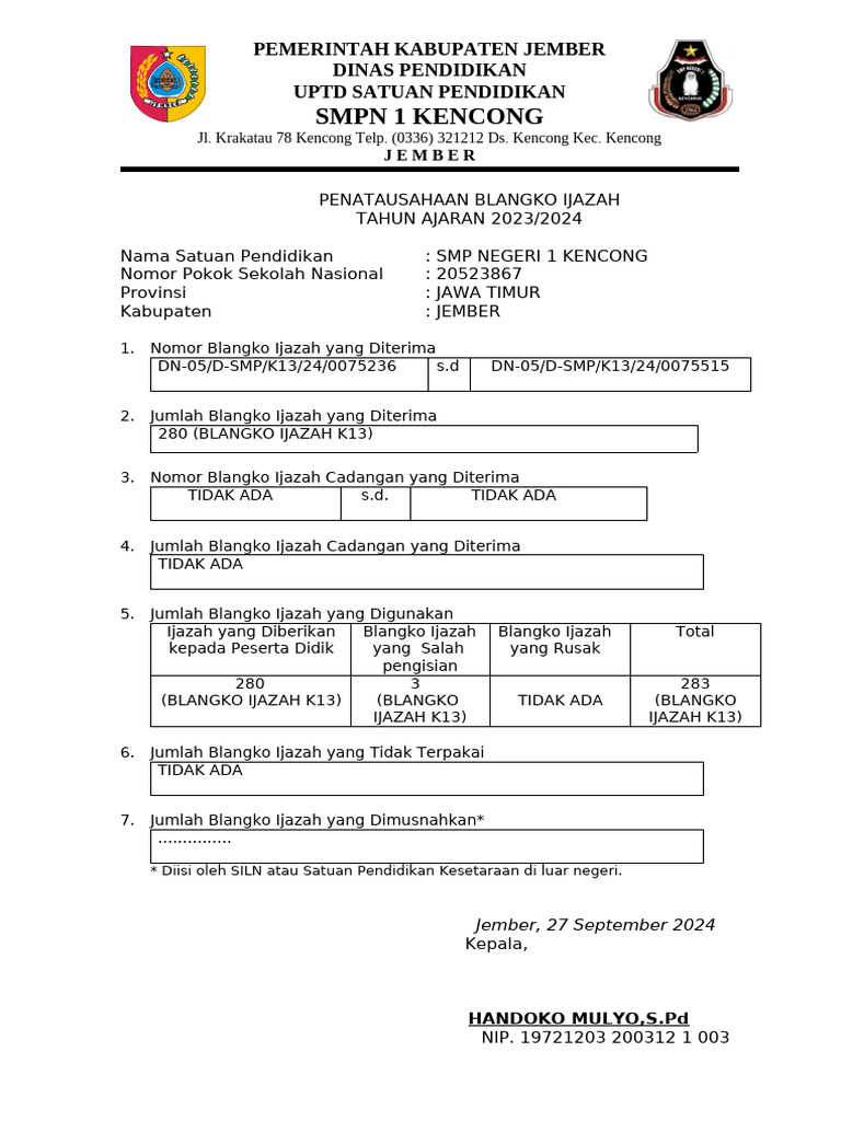 1.format Penatausahaan (Blangko Ijazah) SMP.2024.OK | PDF