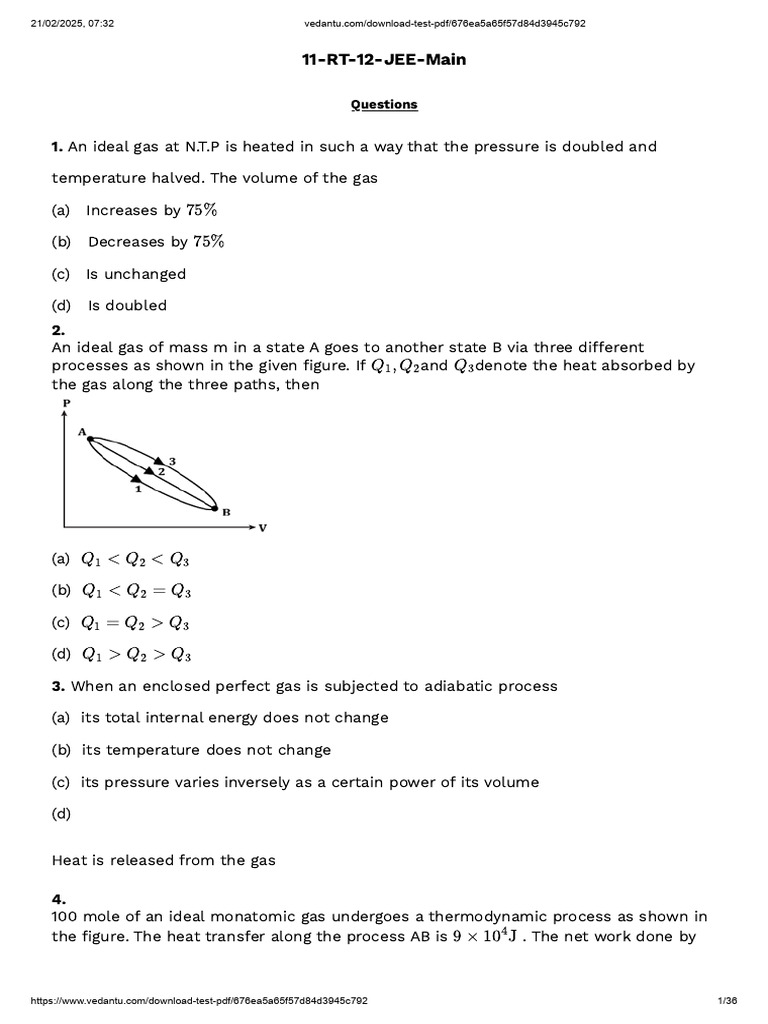 JEE Main Thermodynamics Questions | PDF | Gases | Applied And ...