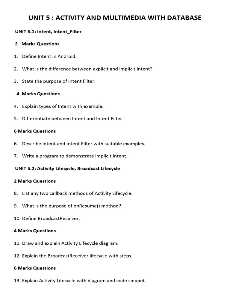 MAD Unit 5 Questions - 22509 | PDF | Android (Operating System) | Databases