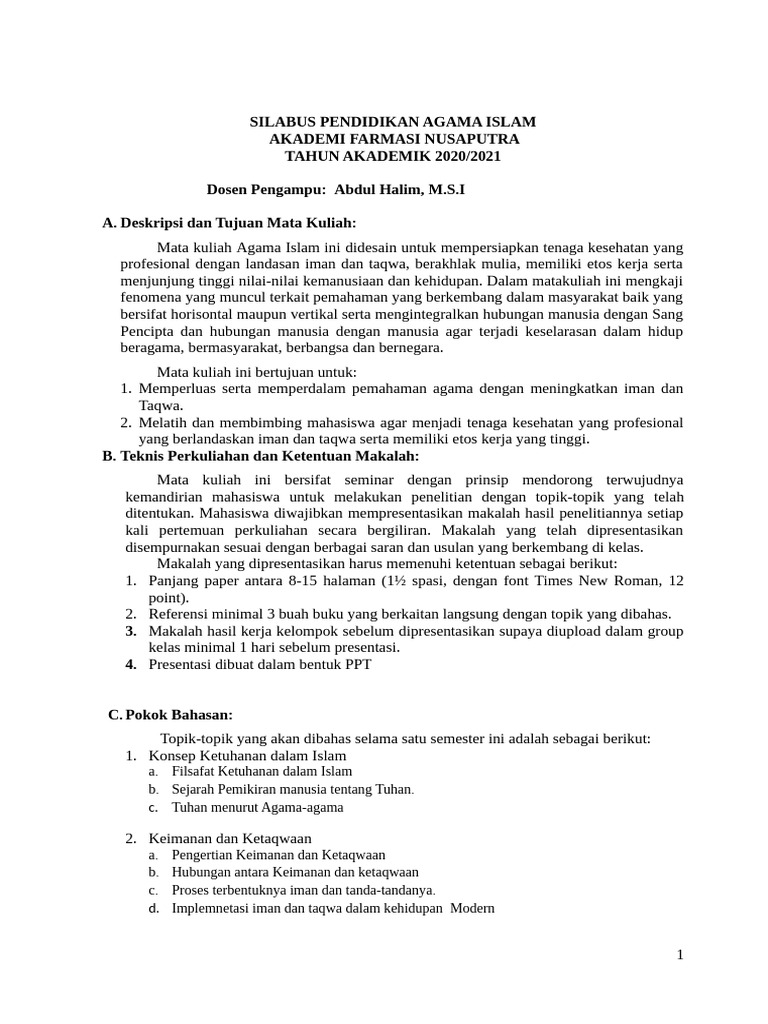SILABUS PENDIDIKAN AGAMA ISLAM 2020.2021 | PDF